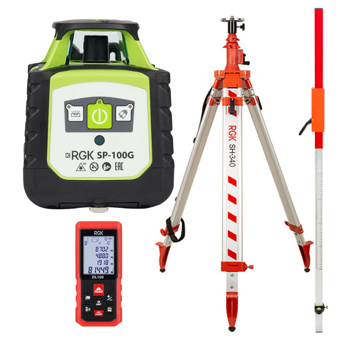Ротационный нивелир RGK SP-100G и штатив RGK SH-340, рейкой RGK LR-2 и лазерным дальномером RGK ...